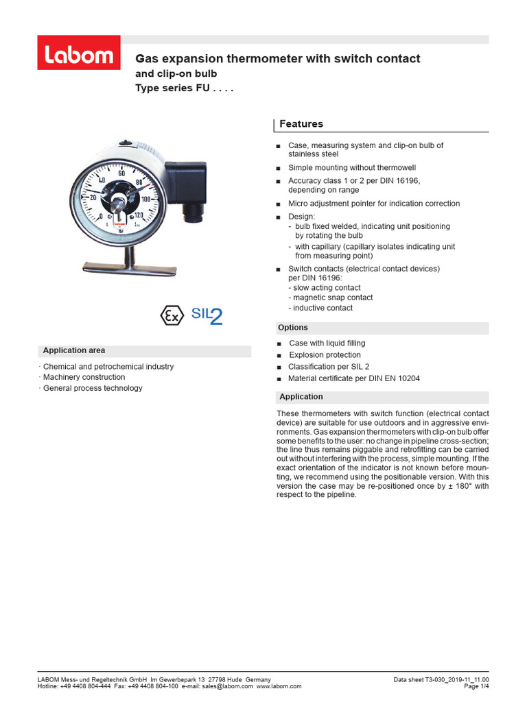 Labom-Gas-Expansion-Thermometer-Switch-Clip-on-Bulb-FU2460-datasheet | PDF | Thermometer ...