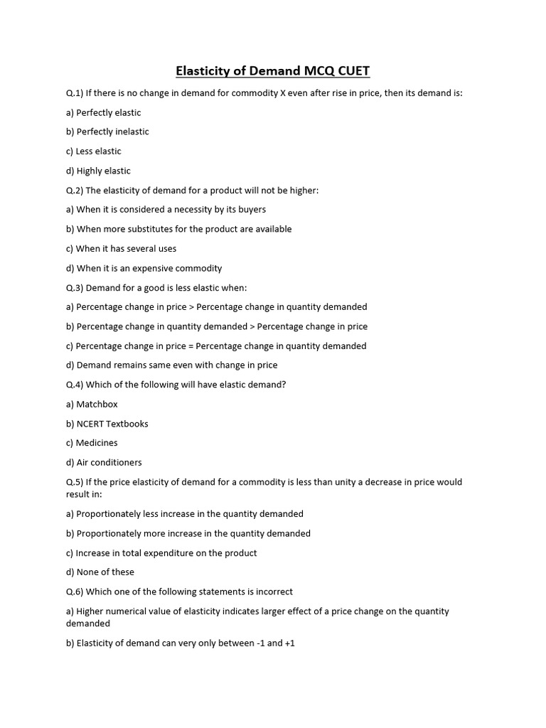 Elasticity of Demand MCQs with Answers | PDF | Demand | Elasticity ...