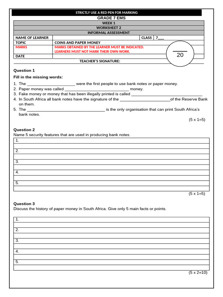 Grade 7 EMS: Coins & Paper Money Worksheet | PDF | Banknote | Money