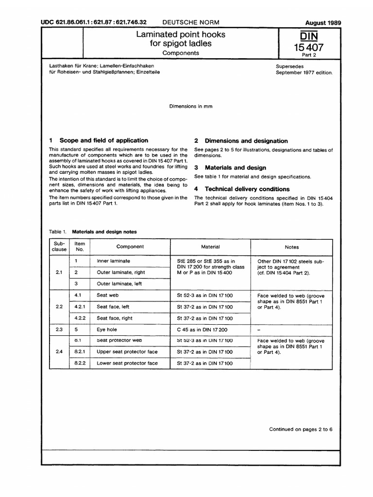 DIN 15407 - 2 - Laminated point hooks for spigot ladles components | PDF