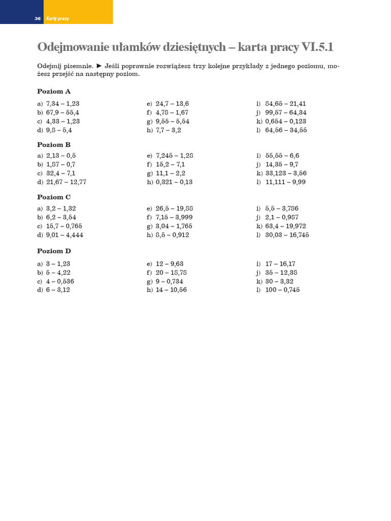 Karty Pracy 4vi5 Odejmowanie Ulamkow Dziesietnych Karta Vi51 | PDF