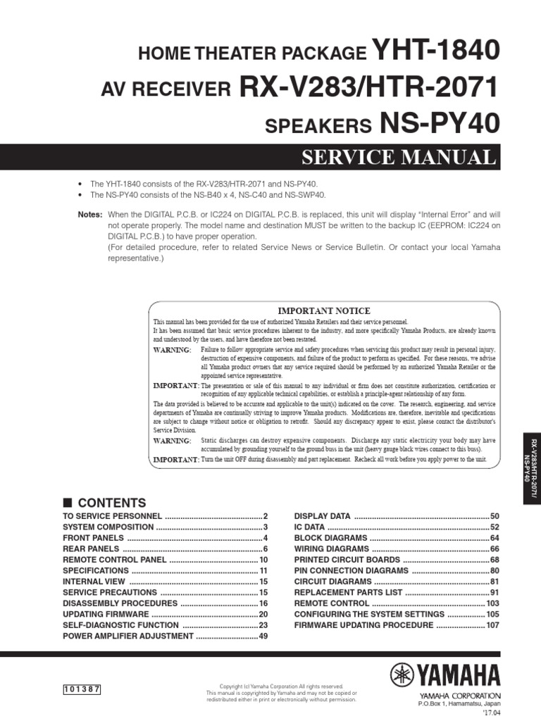 Yamaha Yht-1840 - htr-2071 - rx-v283 - Ns-Py40 | PDF | Solder | Loudspeaker