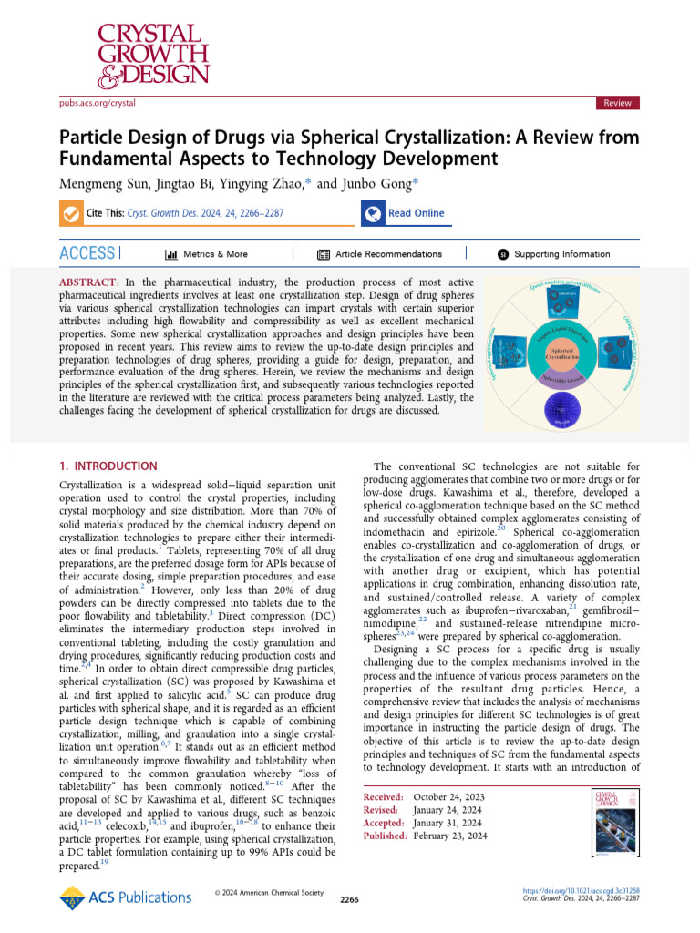 Sun Et Al 2024 Particle Design of Drugs via Spherical Crystallization a Review From Fundamental ...