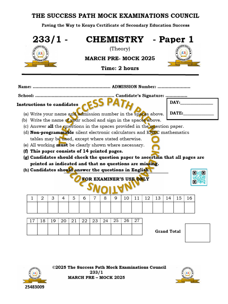 Pre-Mock Chem PP1 QS 2025 | PDF | Gases | Materials