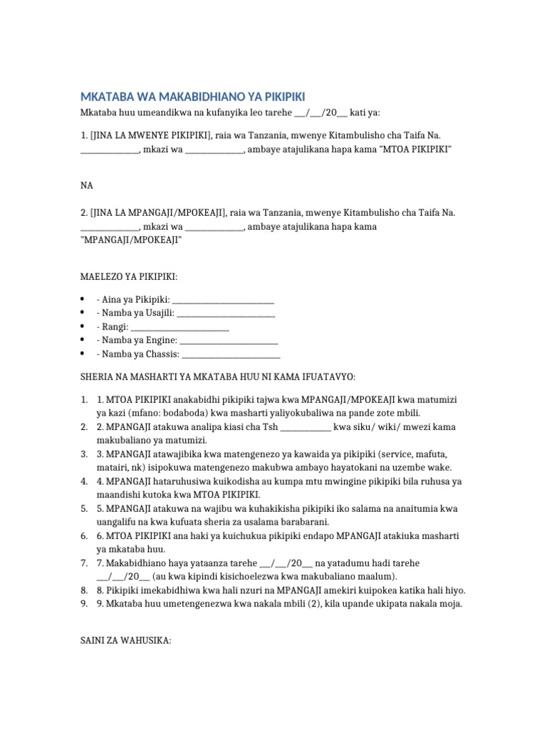 Mkataba Wa Makabidhiano Ya Pikipiki | PDF