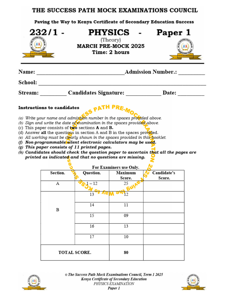 Pre-Mock Physics PP1 QS 2025 | PDF | Gases | Physical Phenomena