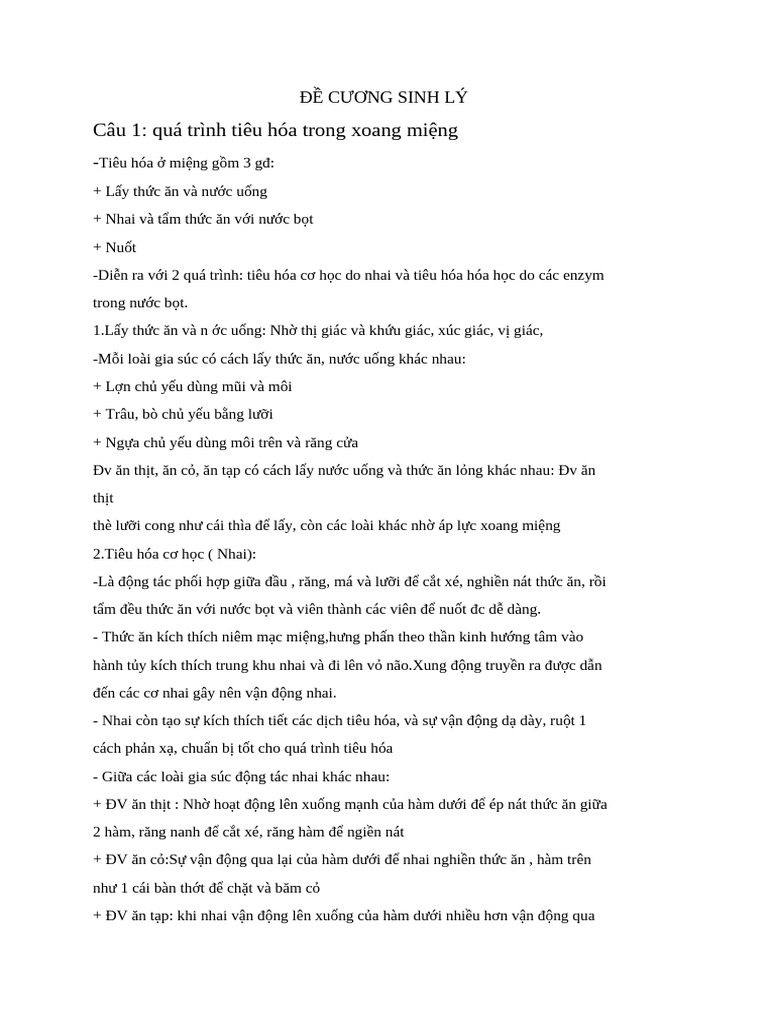 ĐỀ CƯƠNG SINH LÝ ĐỘNG VẬT HIII | PDF