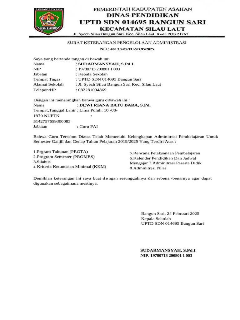 Surat Keterangan Pengelolaan Administrasi Pembelajaran | PDF