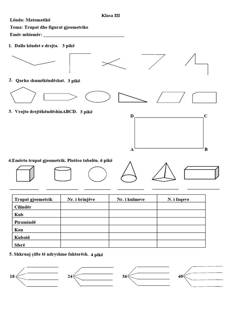 Kapitulli Trupat Gjeometrik Klasa 3 Ushtrime | PDF