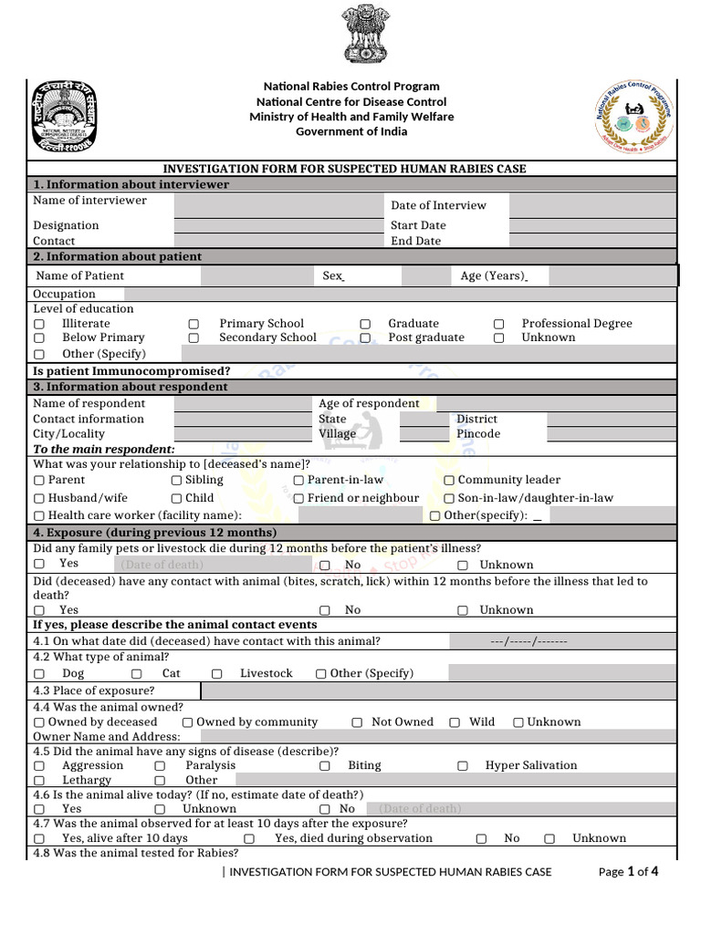 Investigation Form For Suspected Rabies Case | PDF | Rabies | Dose ...