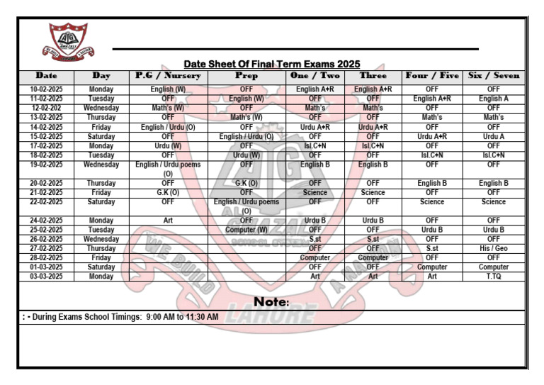 Date Sheet of Final Term Exams 2025 | PDF