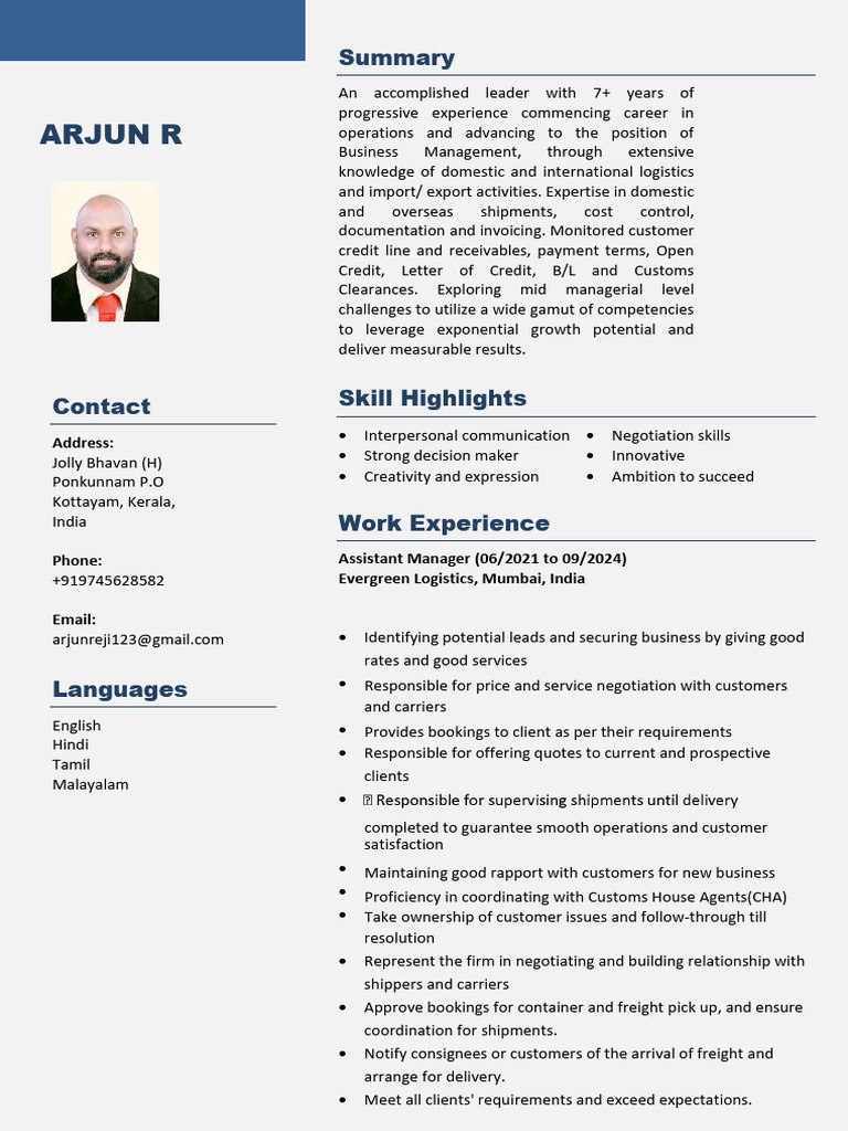 Arjun R Updated CV 2024-2 | PDF | Cargo | Logistics