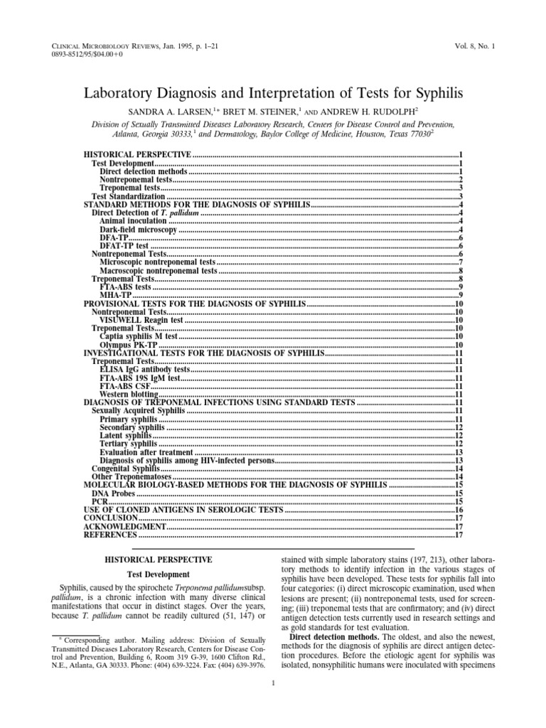 Laboratory Diagnosis and Interpretation of Tests for Syphilis-1 | PDF ...
