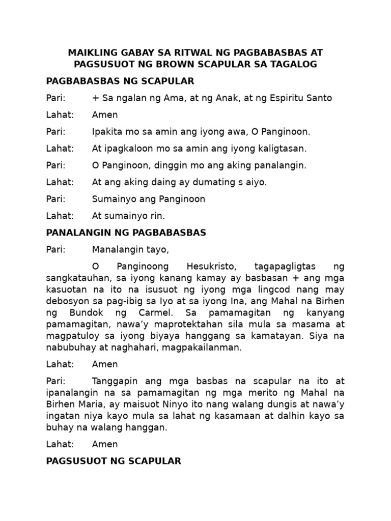 Maikling Gabay Sa Ritwal NG Pagbabasbas at Pagsusuot NG Brown Scapular ...