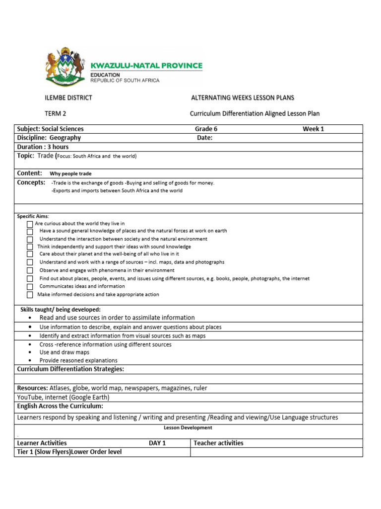 Grade 6 Social Sciences Term 2 Plans | PDF | Curriculum | Lesson Plan