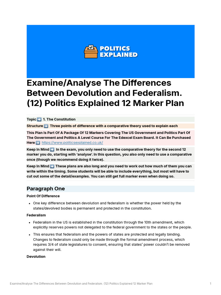 Examine-Analyse The Differences Between Devolution and Federalism. (12 ...