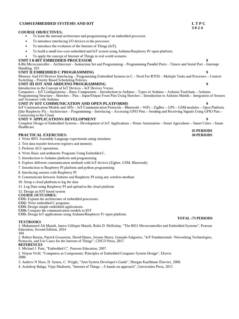 CS3691 Embedded Systems and Iot L T P C 3 0 2 4 | PDF | Embedded System | Arduino