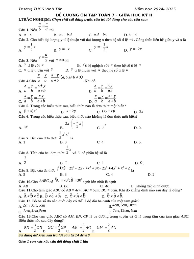Đề cương Toán 7 GK2 | PDF