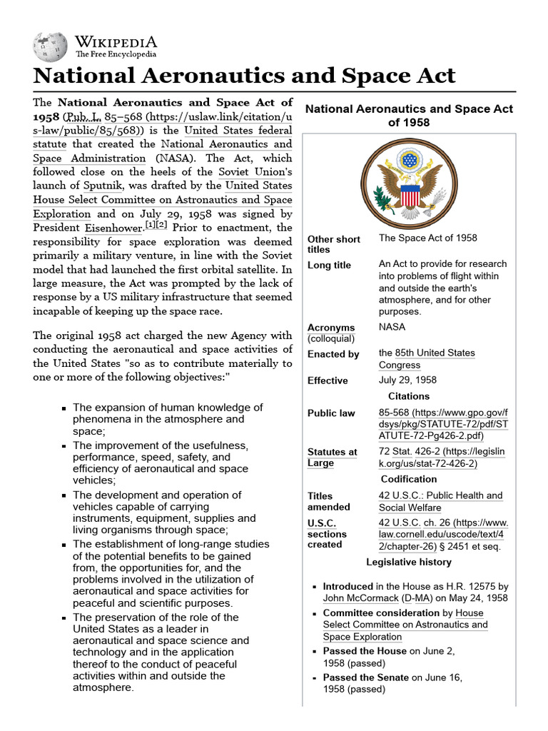 National Aeronautics and Space Act 1958 | PDF | Nasa | Astronautics