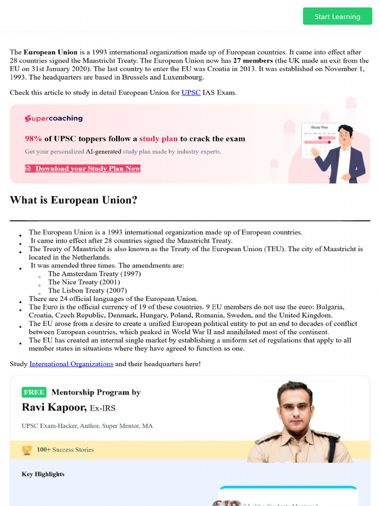 European Union (EU)- Notes for UPSC | PDF