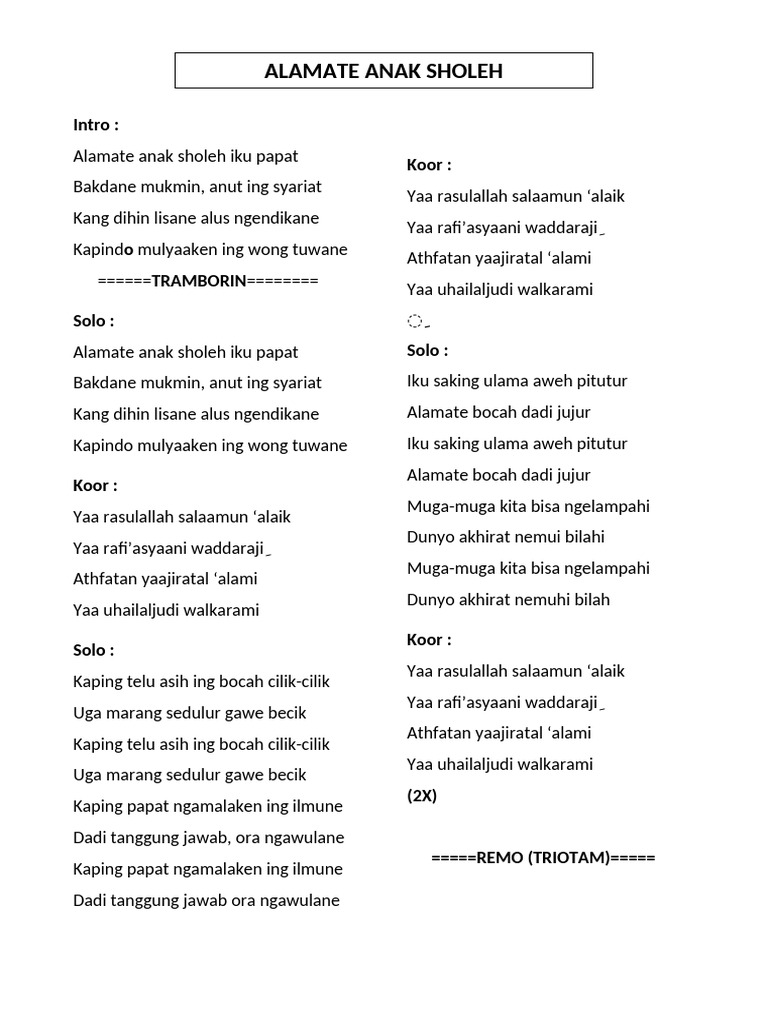 Lirik Alamate Anak Sholeh | PDF