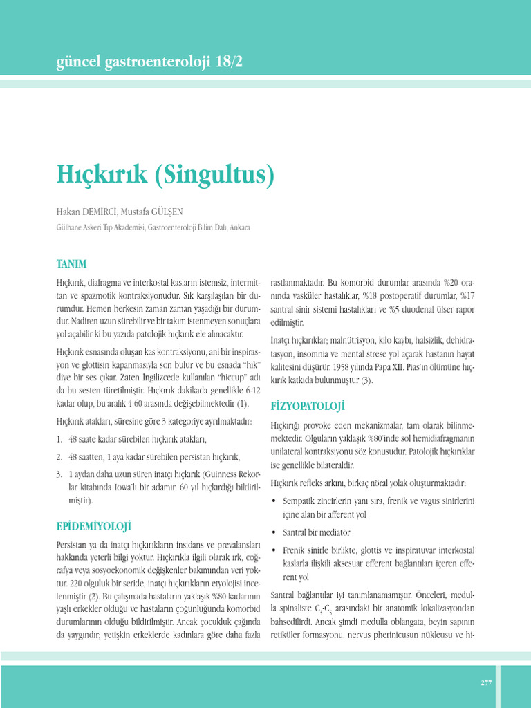 Hıçkırık (Singultus) : Güncel Gastroenteroloji 18/2 | PDF