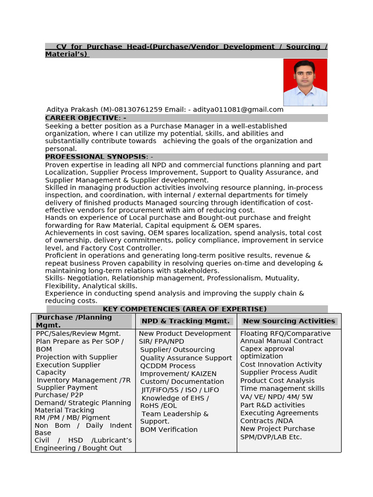 Purchase Manager CV - Aditya Prakash | PDF | Inventory | Business