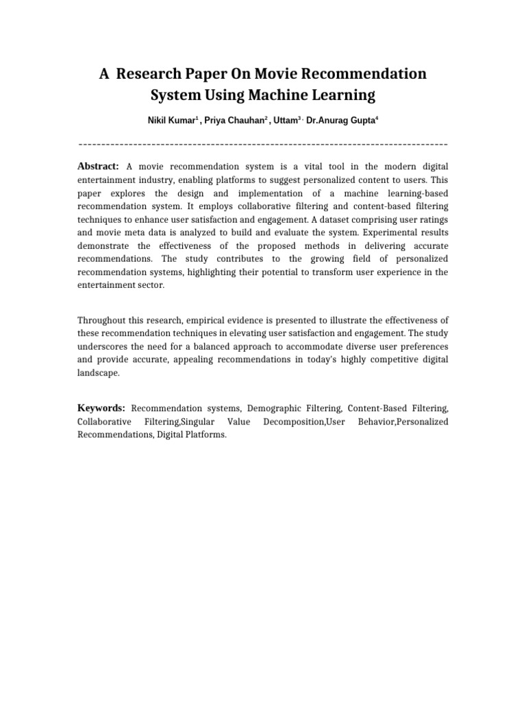 Movie - Recommendation - System Research Paper | PDF | Machine Learning ...