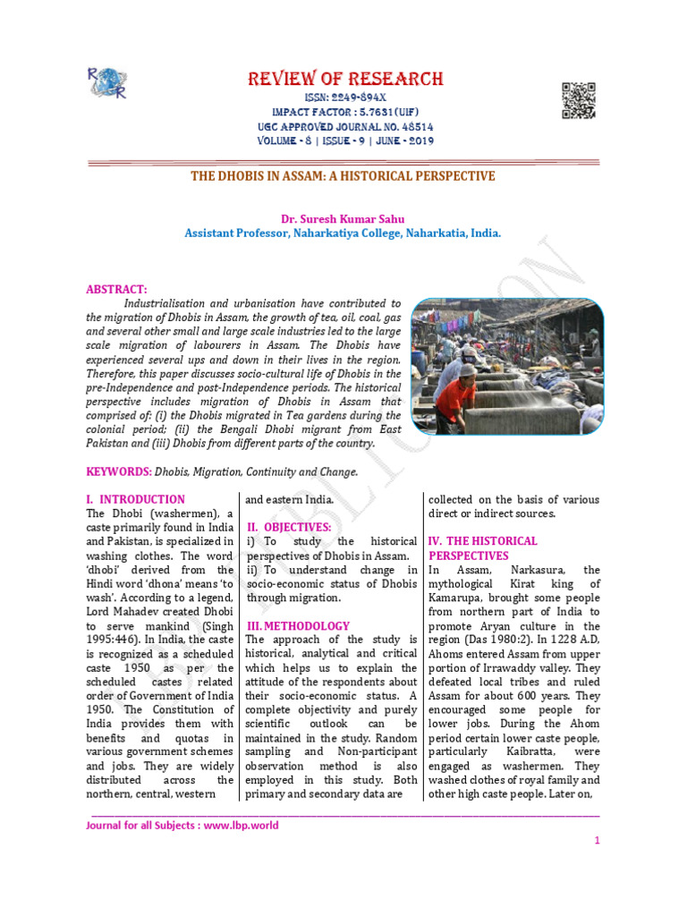 The Dhobis in Assam A Historical Perspec | PDF | Human Migration | Bengal