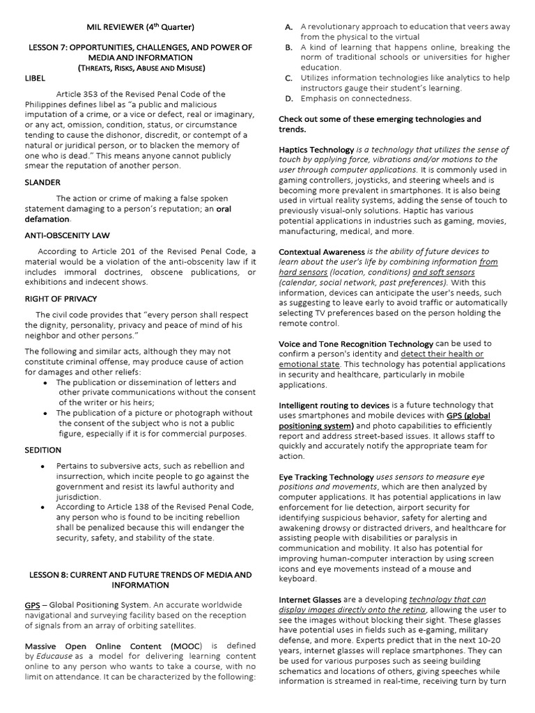 Mil Reviewer 4TH Quarter | PDF | Defamation | Data Compression