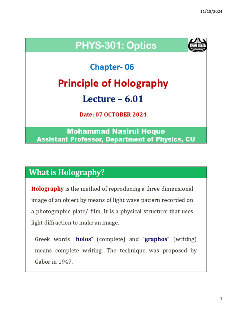 Understanding Holography Principles | PDF | Holography | Interferometry