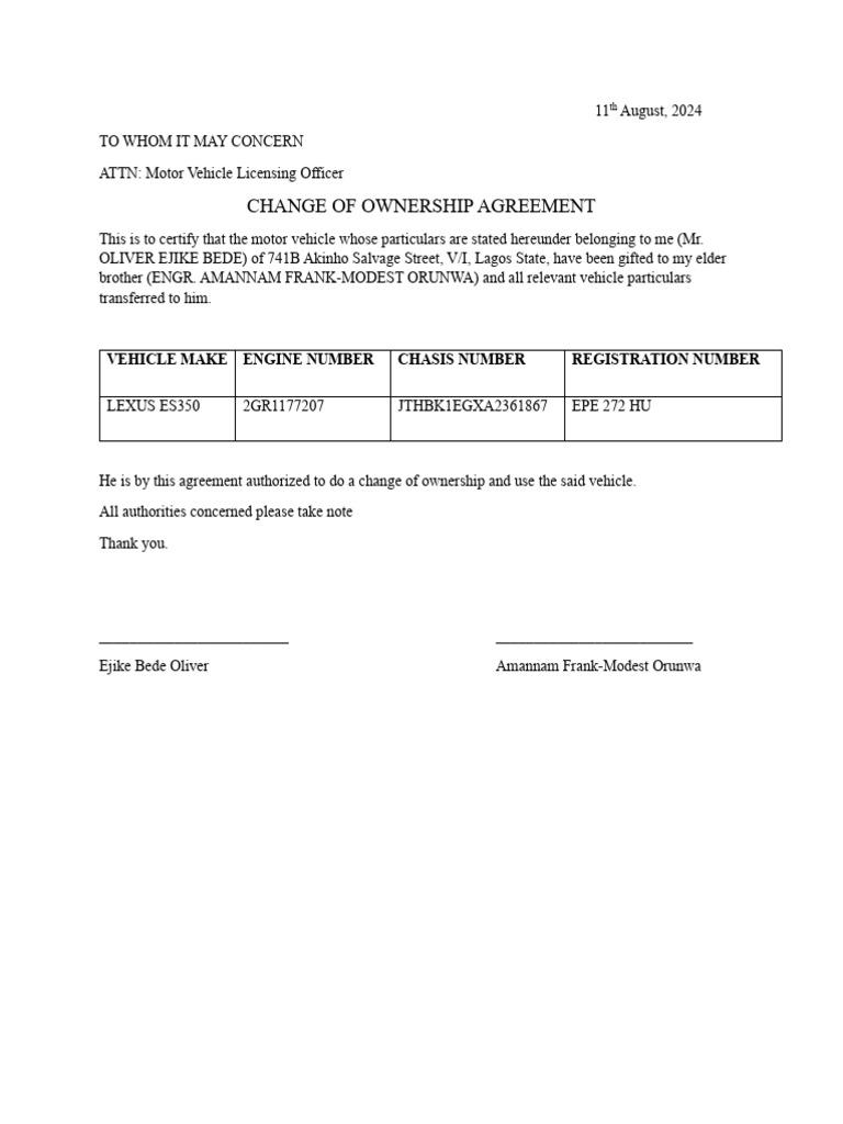 Change of Ownership Agreement Document | PDF