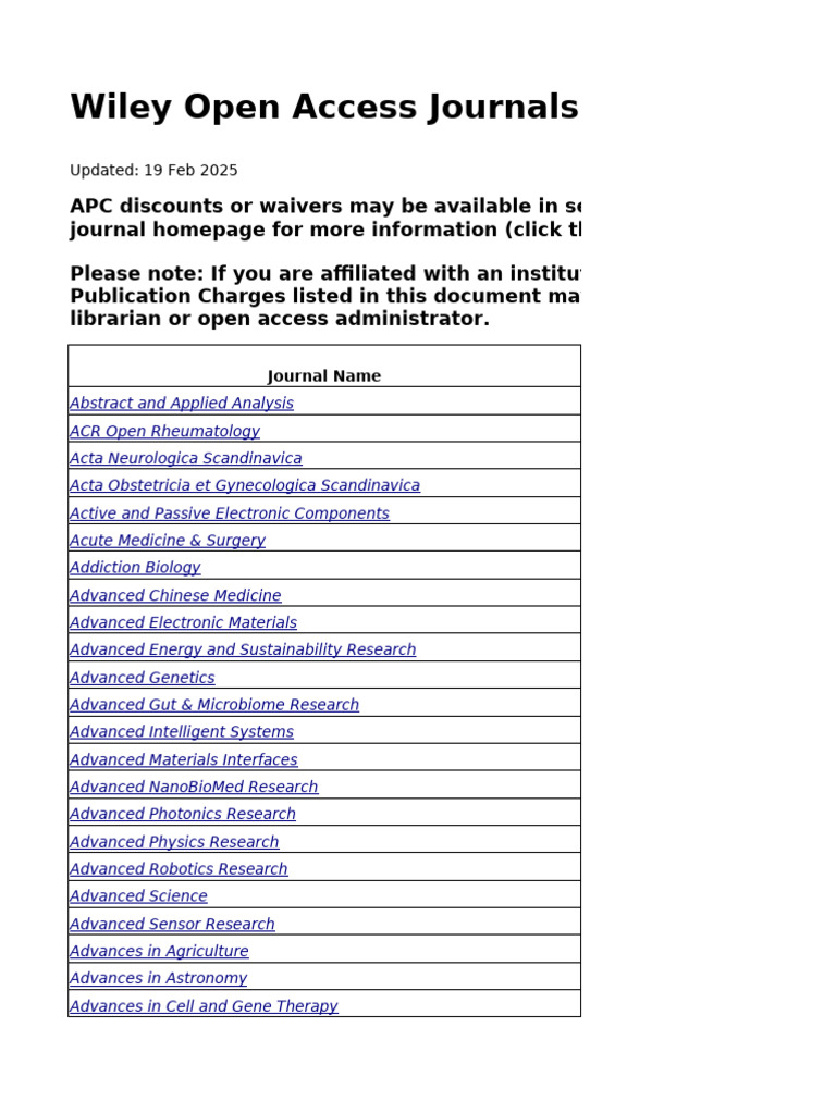 Wiley Journal APCs Open Access | PDF | Medicine | Pathology