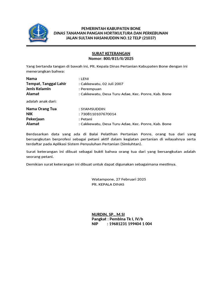 Surat Keterangan BPP LENI | PDF