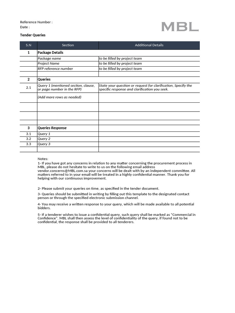 15 - Tender Queries Formate | PDF