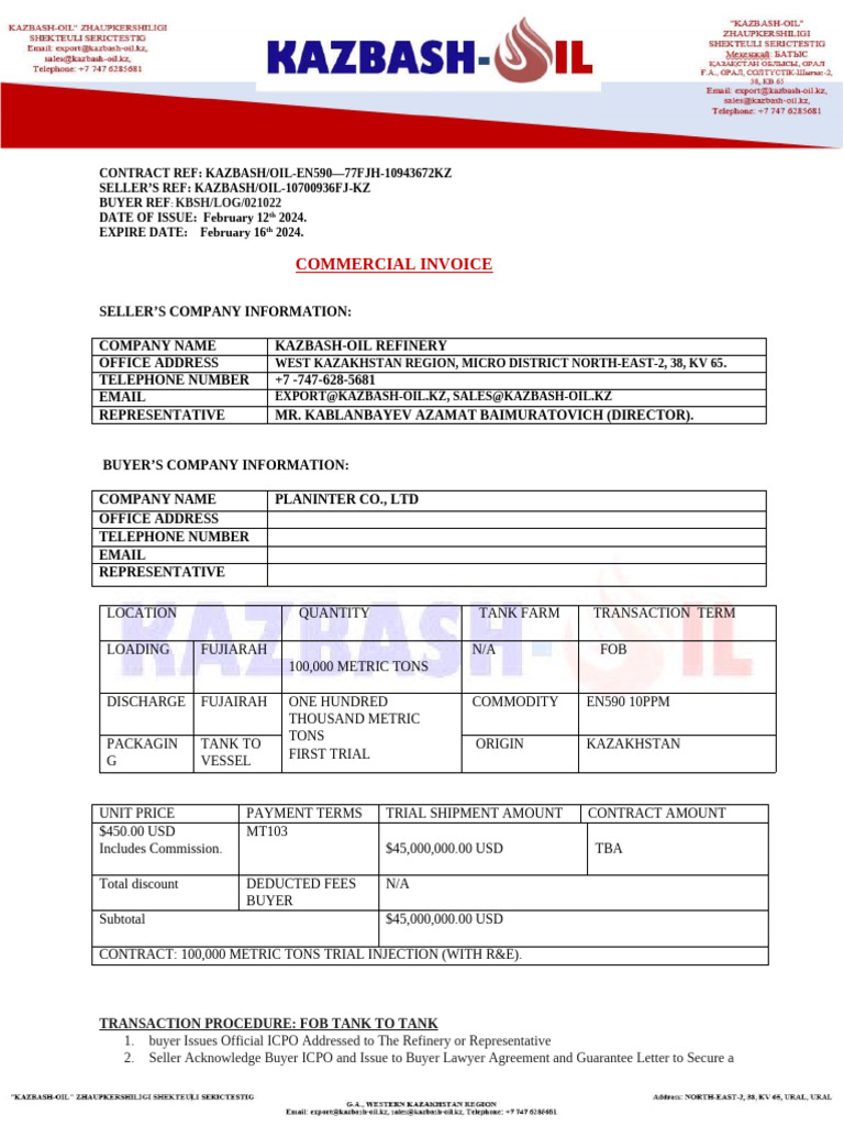 Kazbash-Oil Refinery Commercial Invoice En590 | PDF | Invoice | Wire ...