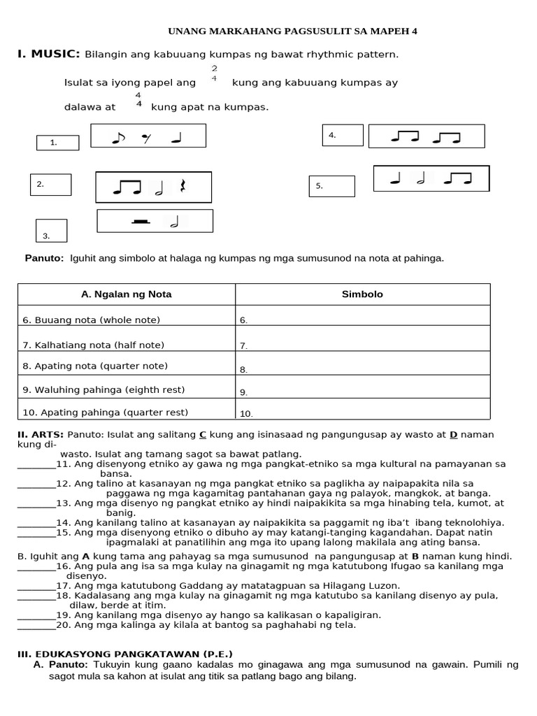 Unang Markahang Pagsusulit Sa Mapeh 4 | PDF