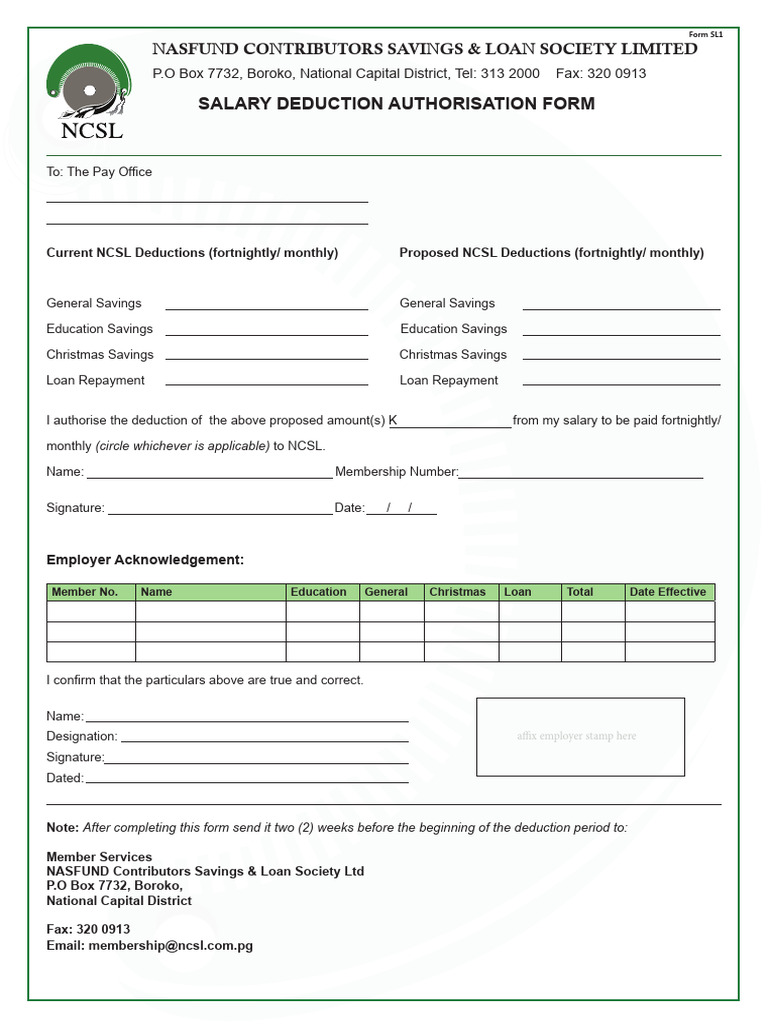 Form SL1 Salary Deduction Authorisation | PDF