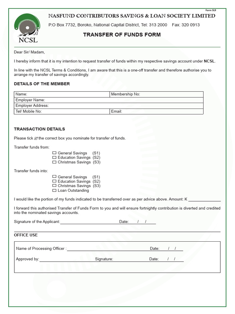 NCSL Transfer of Funds Form | PDF