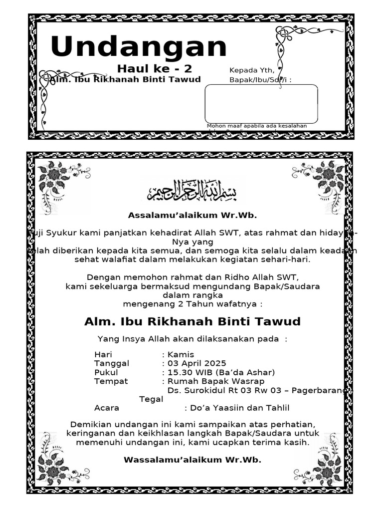 Undangan Haul Alm. Ibu Rikhanah | PDF