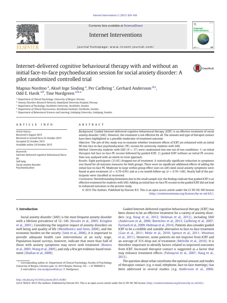 Internet-Delivered Cognitive Behavioural Therapy With and Without An | PDF | Cognitive ...