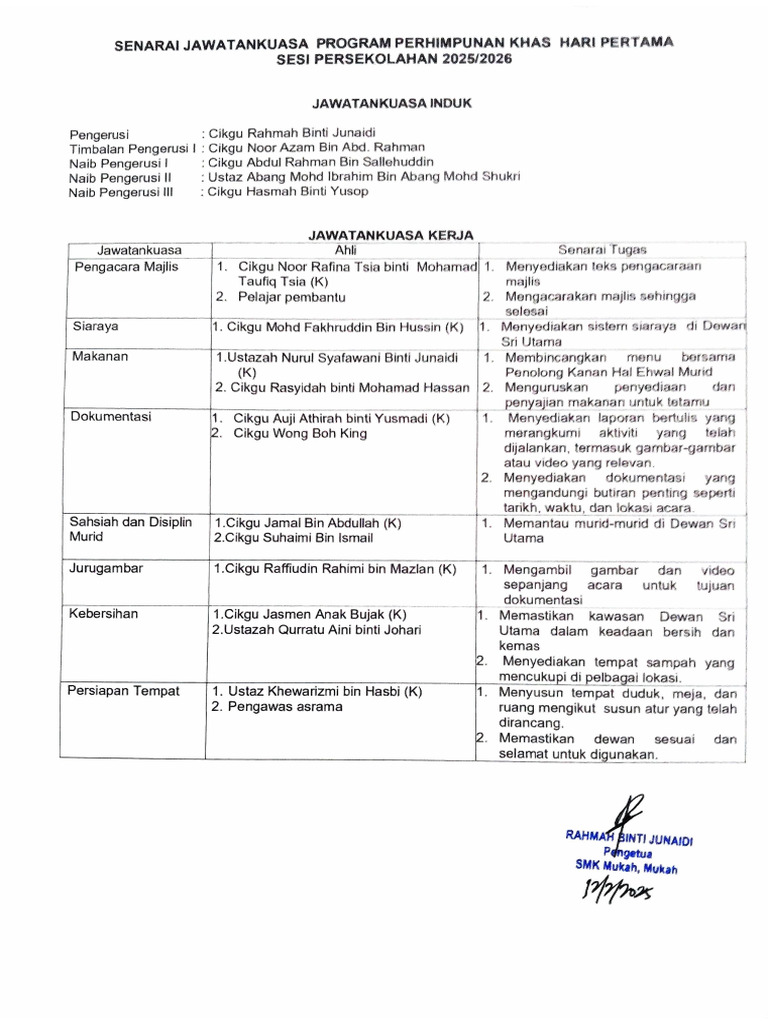 SENARAI AJK PROGRAM PERHIMPUNAN KHAS HARI PERTAMA SESI PERSEKOLAHAN ...