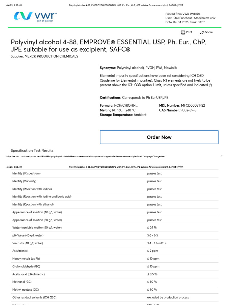 Polyvinyl alcohol 4-88, EMPROVE® ESSENTIAL USP, Ph. Eur., ChP, JPE ...