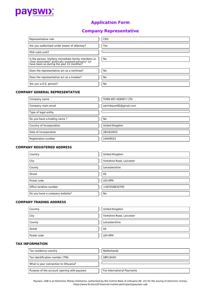 Payswix UAB: Account Application Details | PDF | Identity Document ...