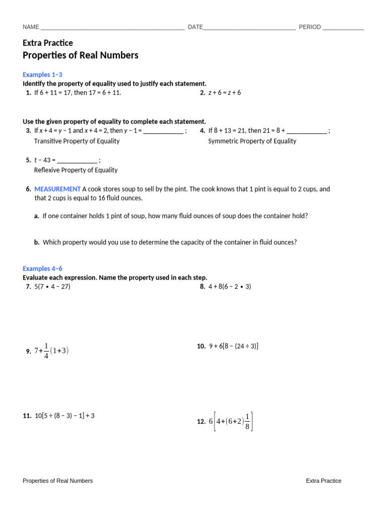 Properties of Real Numbers - Extra Practice | PDF | Volume | Units Of ...