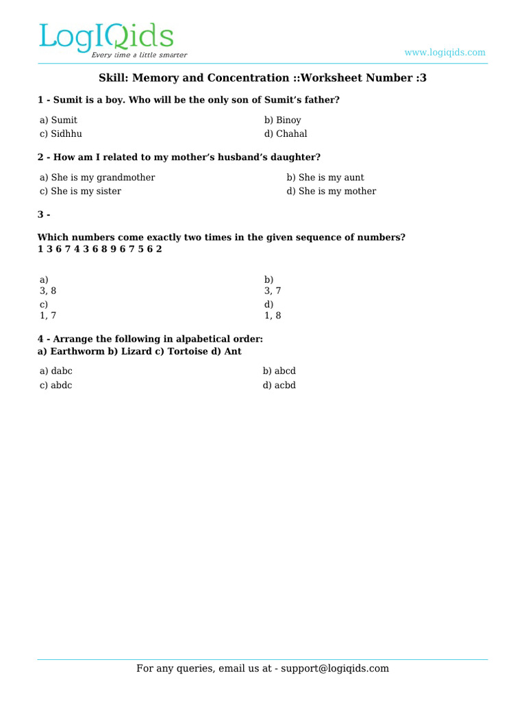Memory and Concentration Worksheet 3 | PDF | Vision | Artistic Techniques