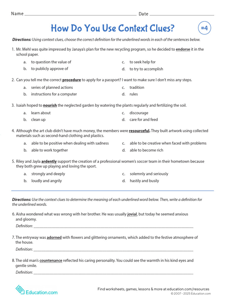 How Do You Use Context Clues Exercise 4 | PDF