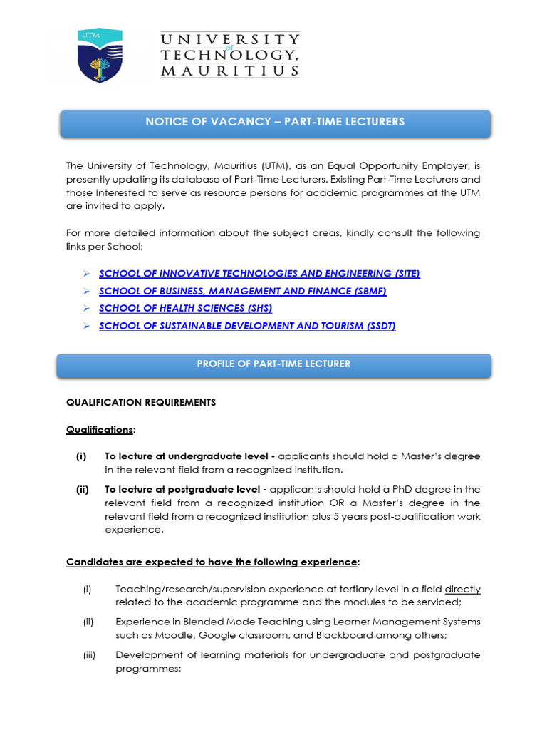 UTM Part-Time Lecturer Vacancies 2025 | PDF | Educational Stages | Academia