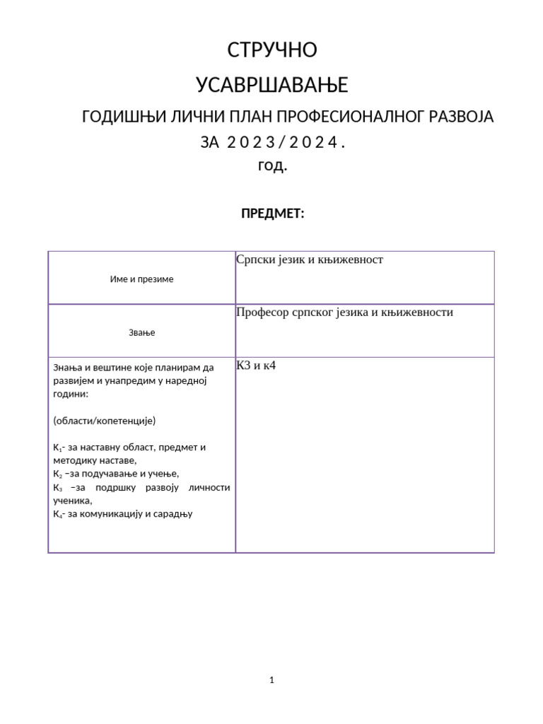 Licni Plan Strucnog Usavrsavanja | PDF