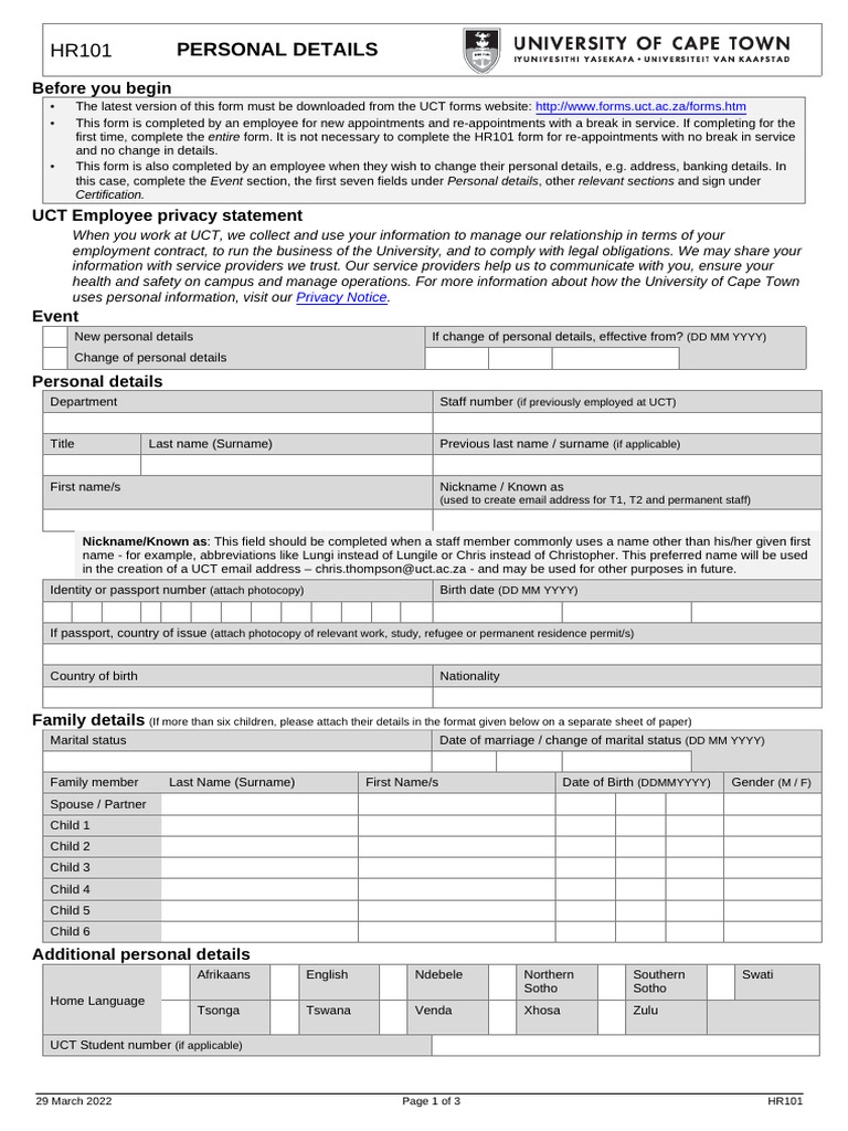 Personal Details: UCT Employee Privacy Statement | PDF | Disability | Banks